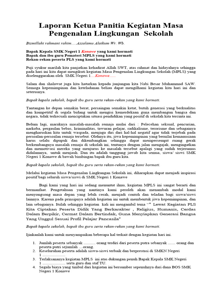 Laporan Ketua Panitia Masa Pengenalan Sekolah (MPLS) SMKN 1 Konawe 2022.2023 | PDF