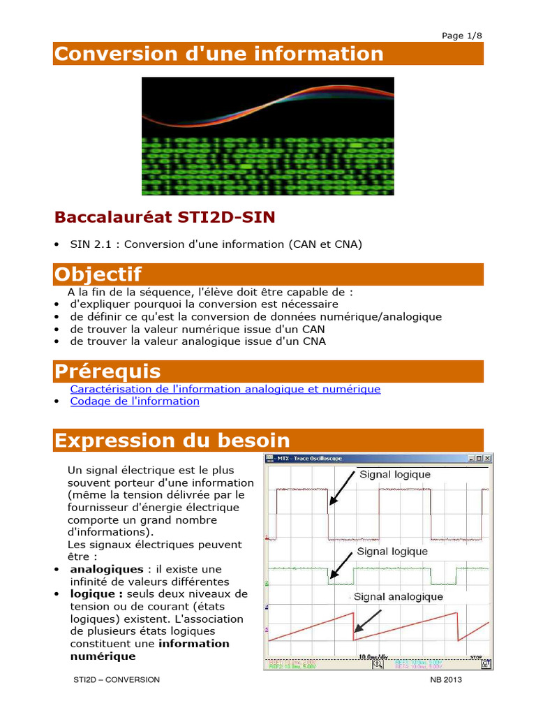 Sti2d Conversion | PDF | Données numériques | Convertisseur numérique-analogique