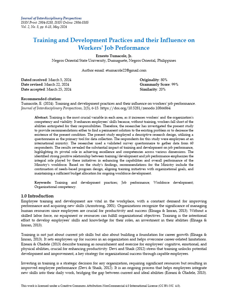 Training and Development Practices and Their Influence On Workers' Job Performance | PDF ...