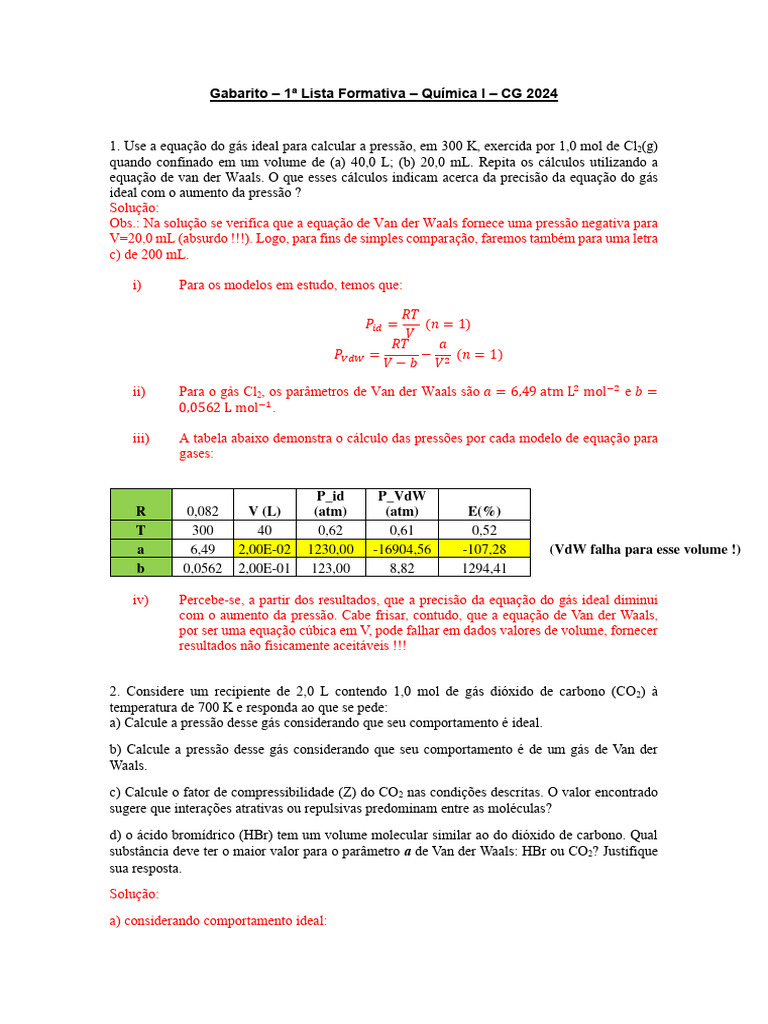 Gabarito Química I: Cálculos de Gases | PDF | Métodos e Materiais de Ensino | Tecnologia e ...