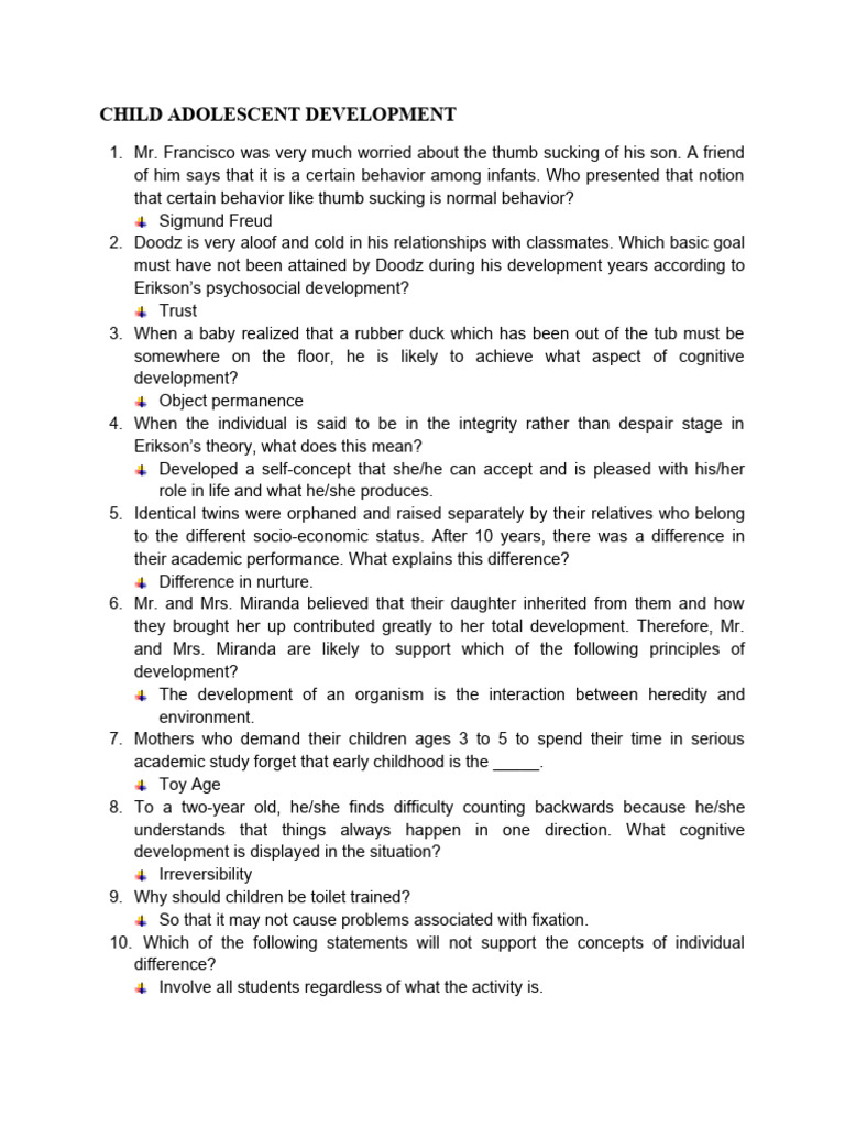Child Adolescent Development Questions | PDF | Learning | Psychological ...