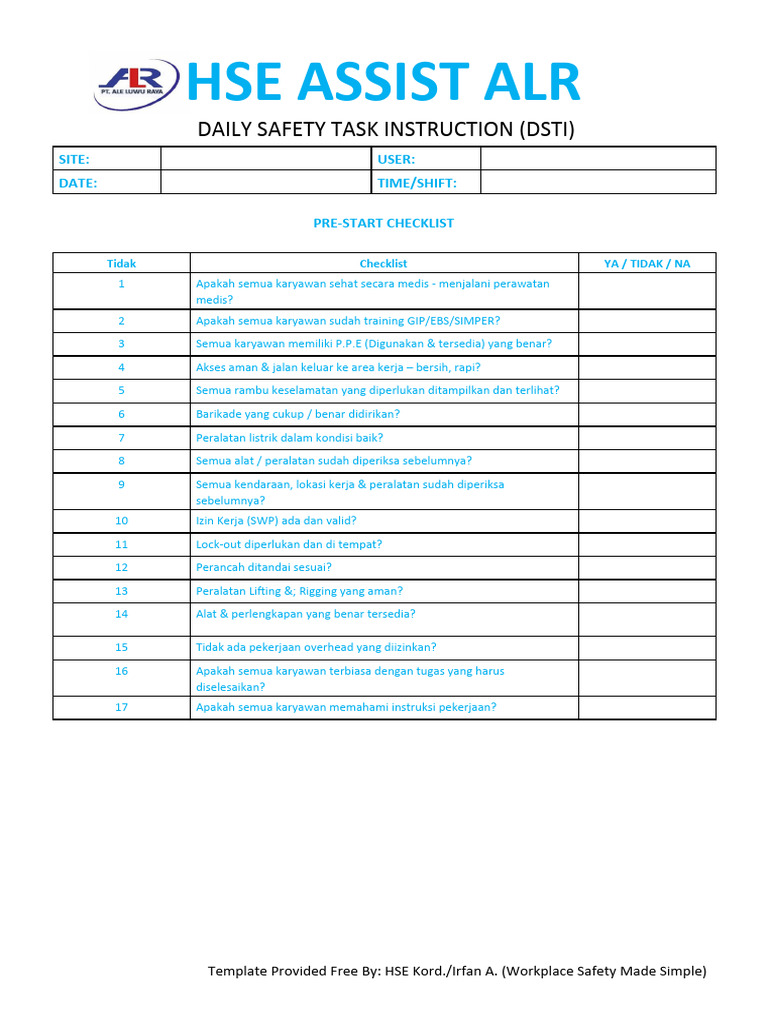 1.DSTI (Daily Safety Task Instruction) Template | PDF