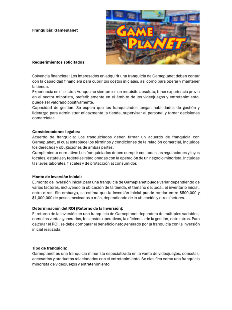 Franquicia de GamePlanet | PDF