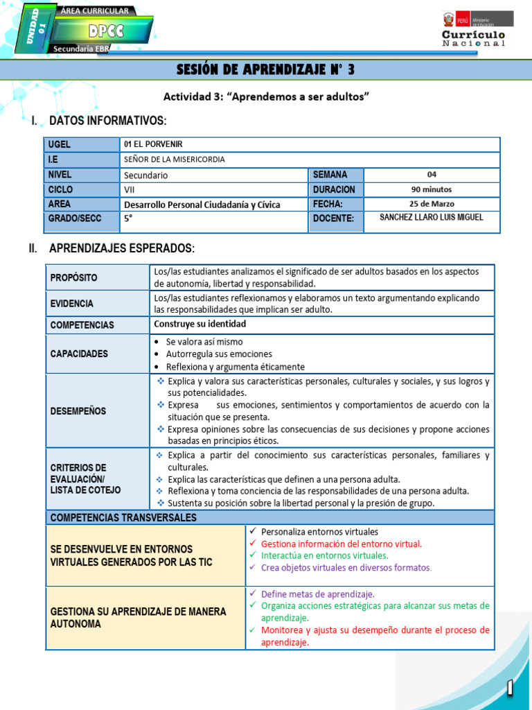 5º DPCC Ses 3 Uni 1 - 2024 | PDF | Aprendizaje | Evaluación