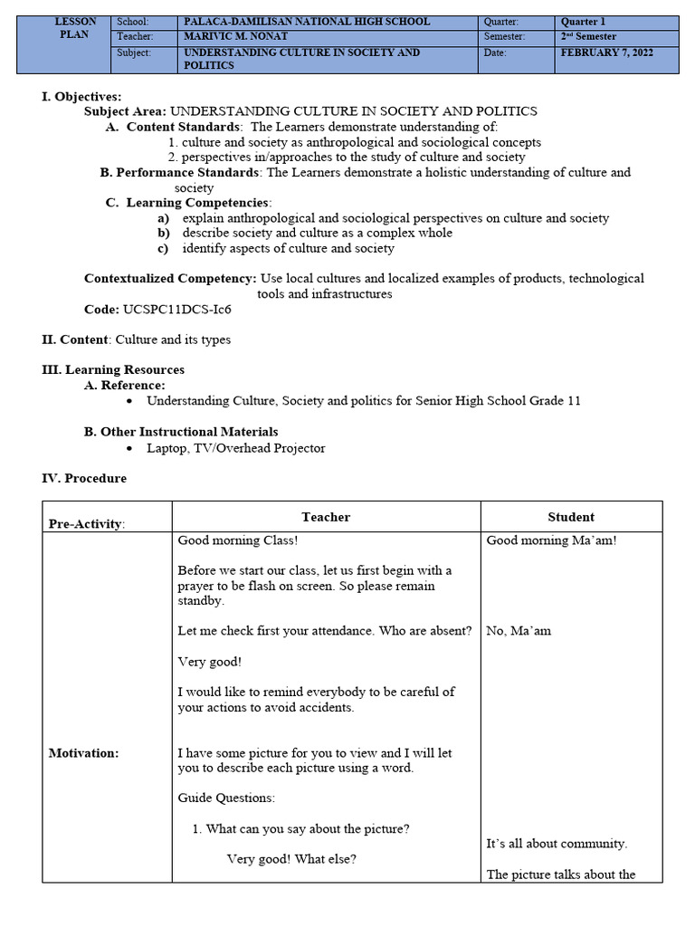 Lesson Plan Marivic COT 1 Detailed | PDF | Learning | Material Culture