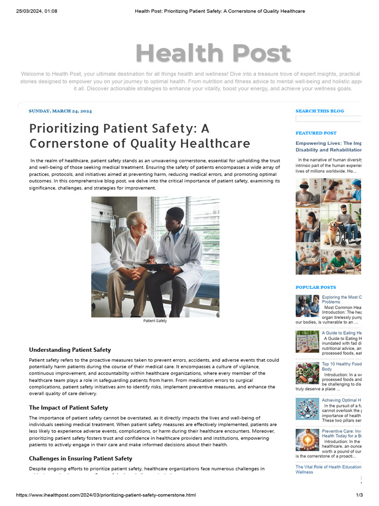 Prioritizing Patient Safety - A Cornerstone of Quality Healthcare | PDF