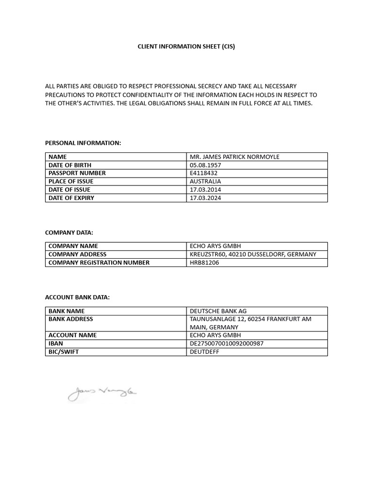 James Patrick Normoyle Client Info Sheet | PDF | Politics | Law