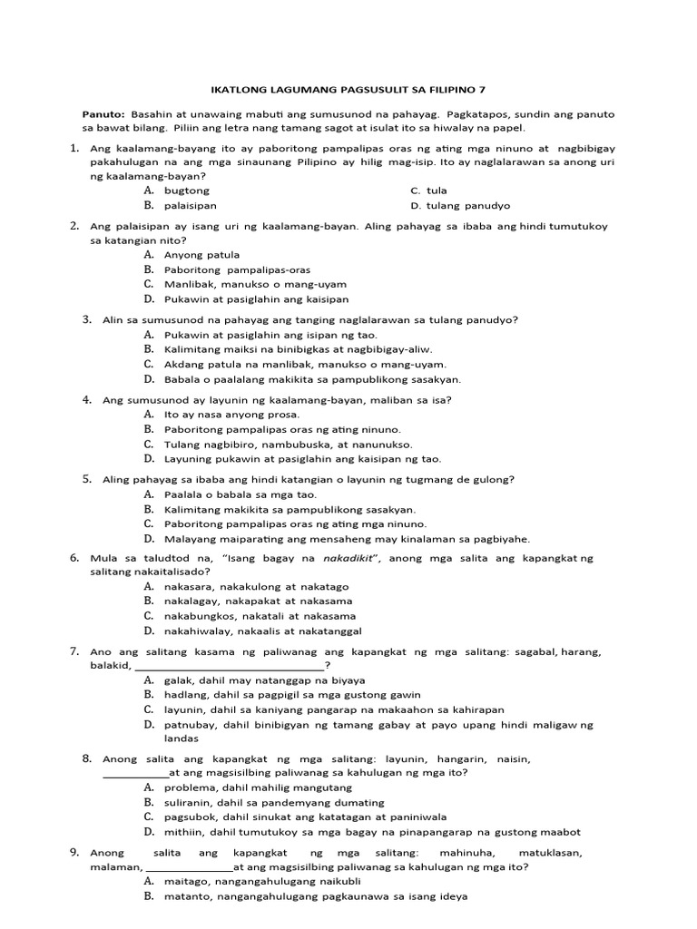 Ikatlong Pagsusulit sa Filipino 7 | PDF