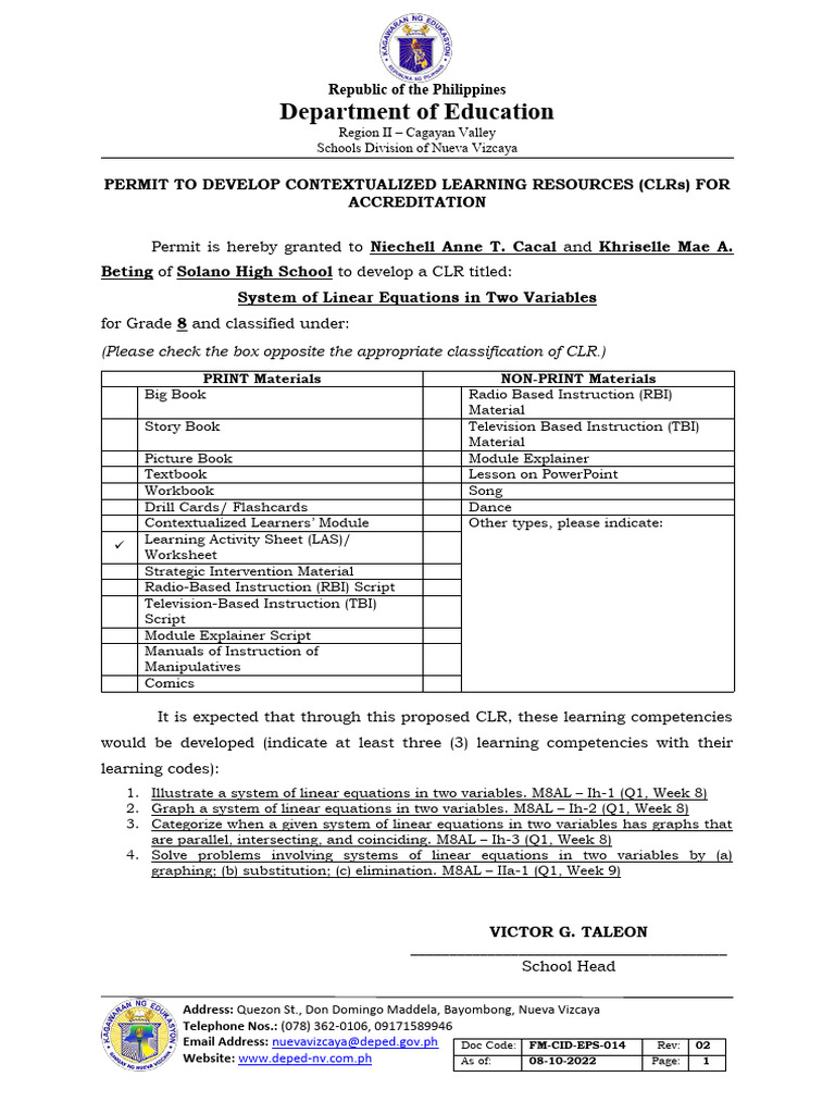 FM Cid Eps 014 Permit To Develop Contextualized Learning Resources For Accreditation | PDF