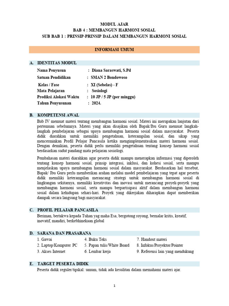 Modul Ajar Sosiologi Kelas 11 Bab 4 - Membangun Harmoni Sosial | PDF | Kesehatan Holistik