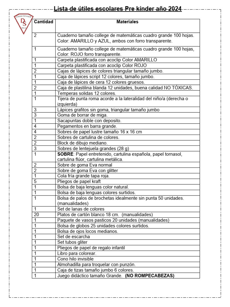 LISTA DE ÚTILES PRE KINDER | PDF | Lápiz