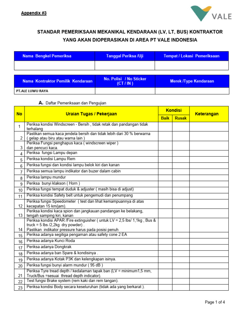 Appendix#3 Form Standar Pemeriksaan Kendaraan Mekanical | PDF