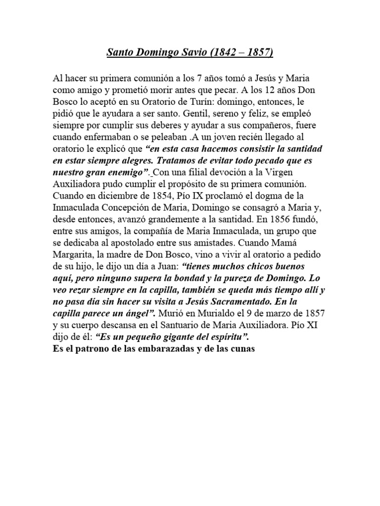 Biografía de Santo Domingo Savio | PDF