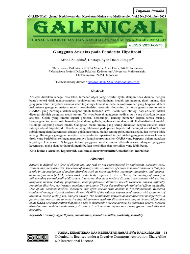 Gangguan Ansietas Pada Penderita Hipetiroid: Afrina Zulaikha, Chataya Syah Dhafa Siregar | PDF