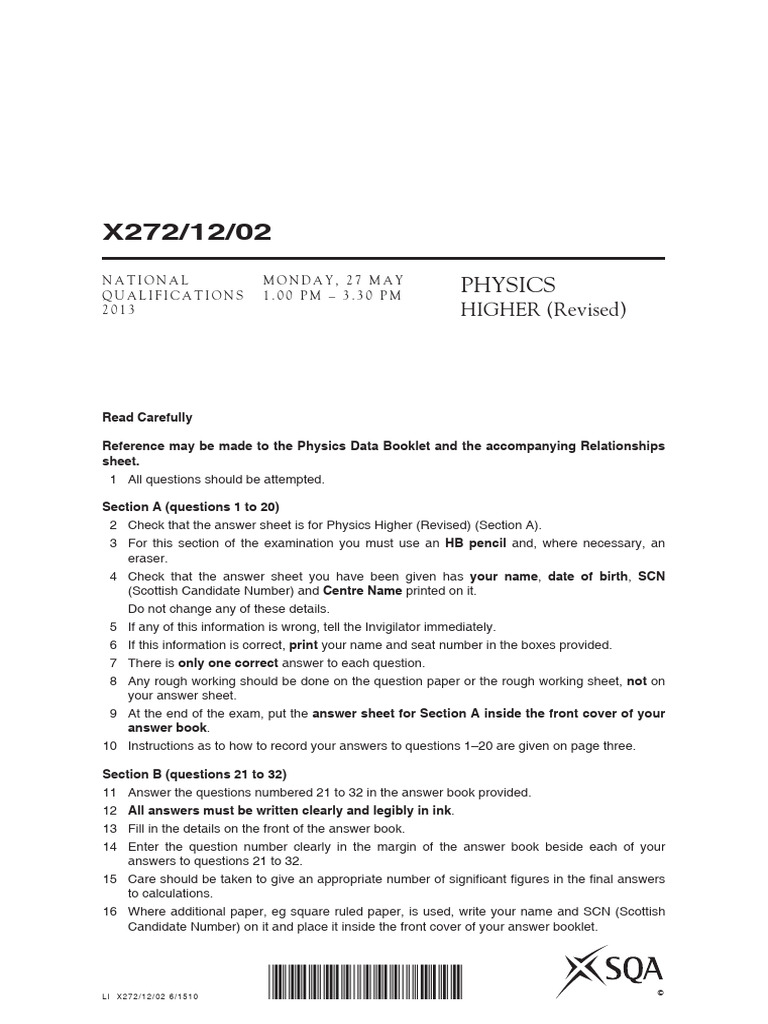 SQA Revised Higher 2013 Question Paper Only | PDF | Light Emitting ...