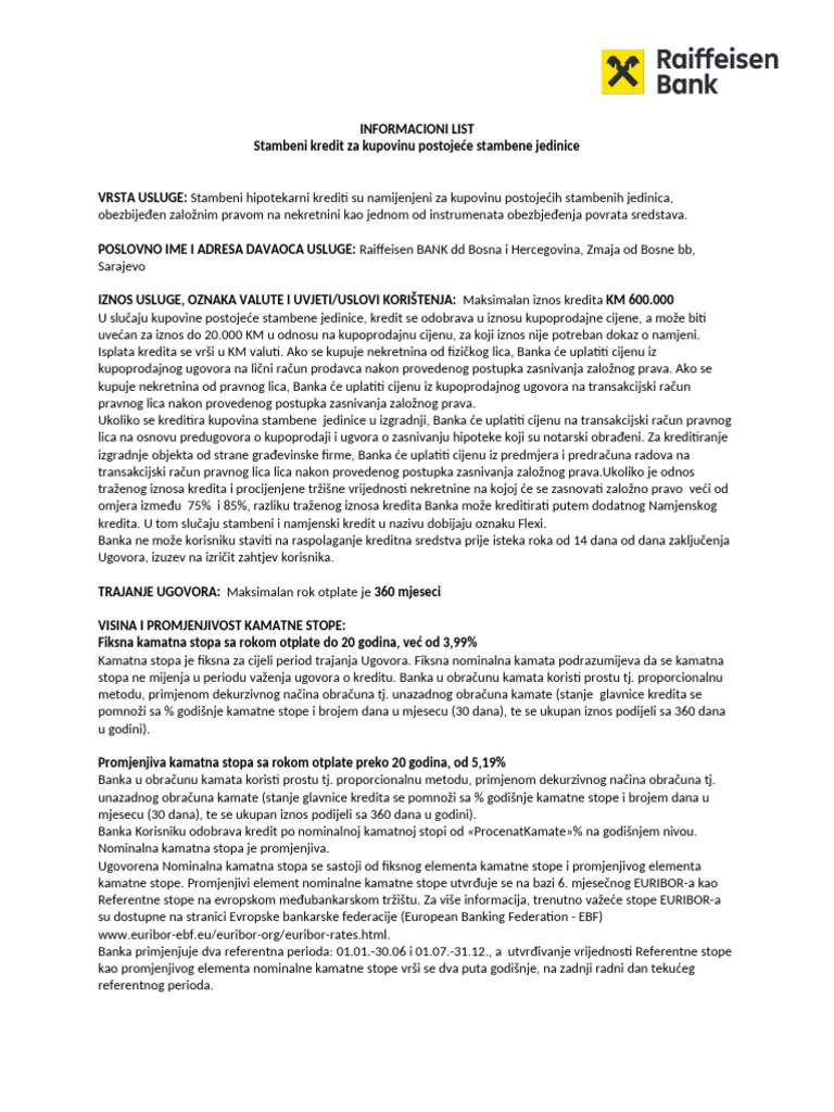 Informacioni List - Stambeni Kredit Za Kupovinu Postoje e Stambene ...