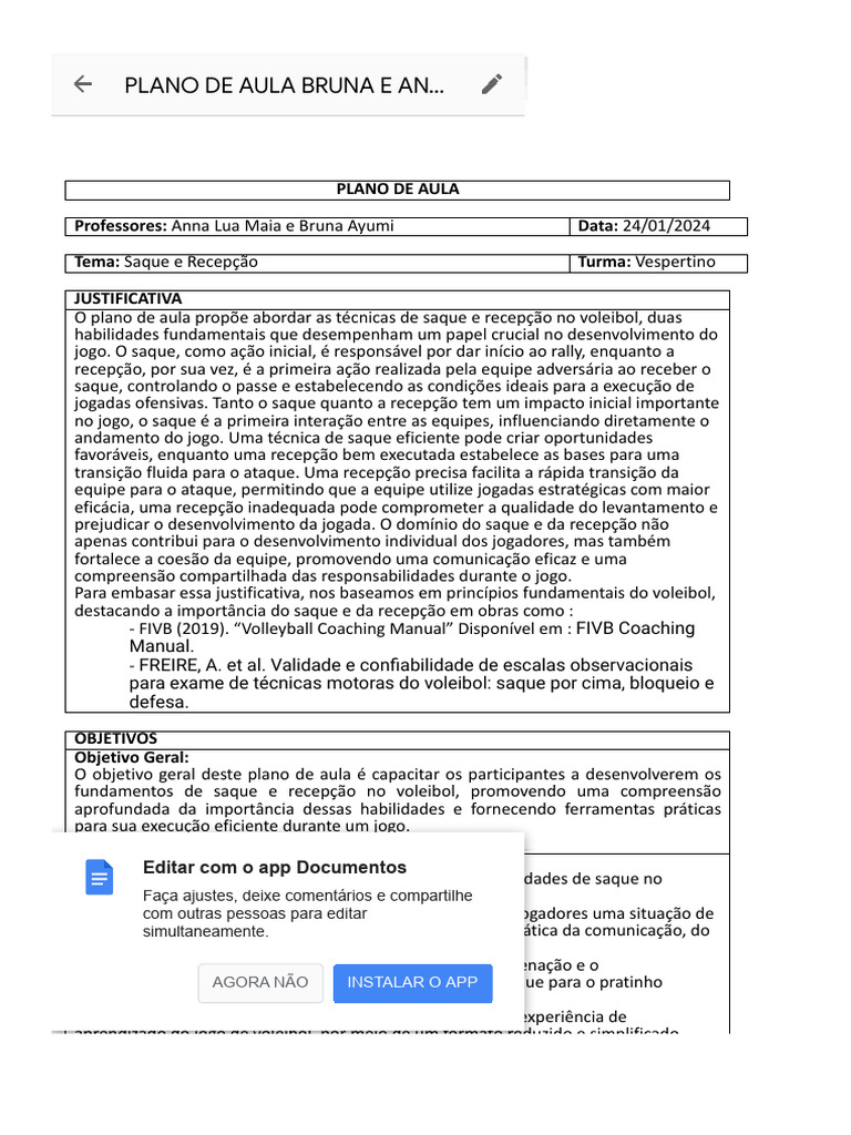 Plano de Aula Bruna e Anna Lua | PDF | Voleibol | Aprendizado
