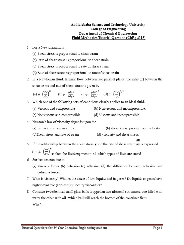 Tutorial Q Unit One | PDF | Shear Stress | Viscosity