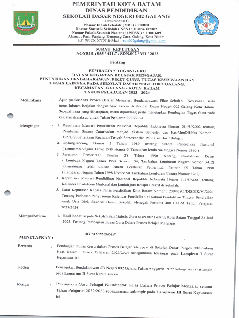 SK Pembagian Tugas Oke | PDF