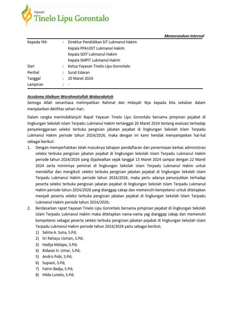 Memorandum - Internal - Dari Ketua Ke Direktur Pendidikan SIT Dan ...