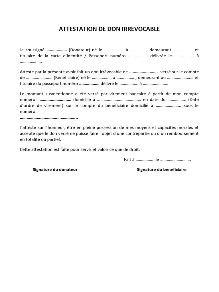 Attestation de Don Irrevocable | PDF