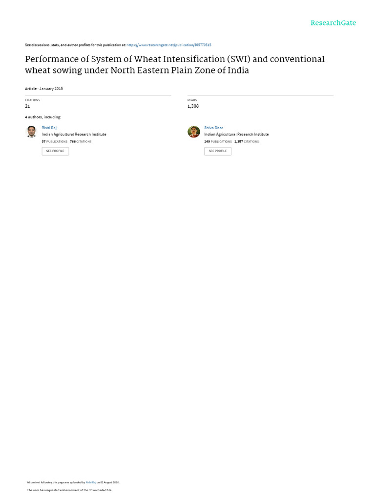 Performance of System of Wheat Intensification Swi and | PDF ...