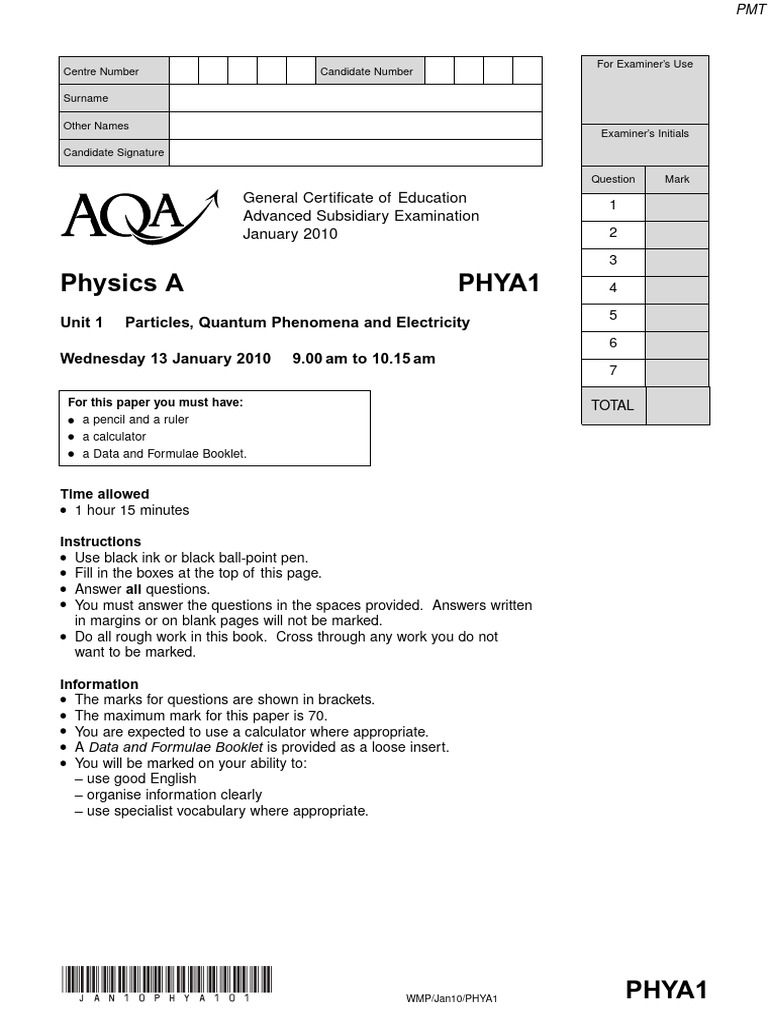 January 2010 QP - Unit 1 AQA Physics A-Level | PDF | Photoelectric ...