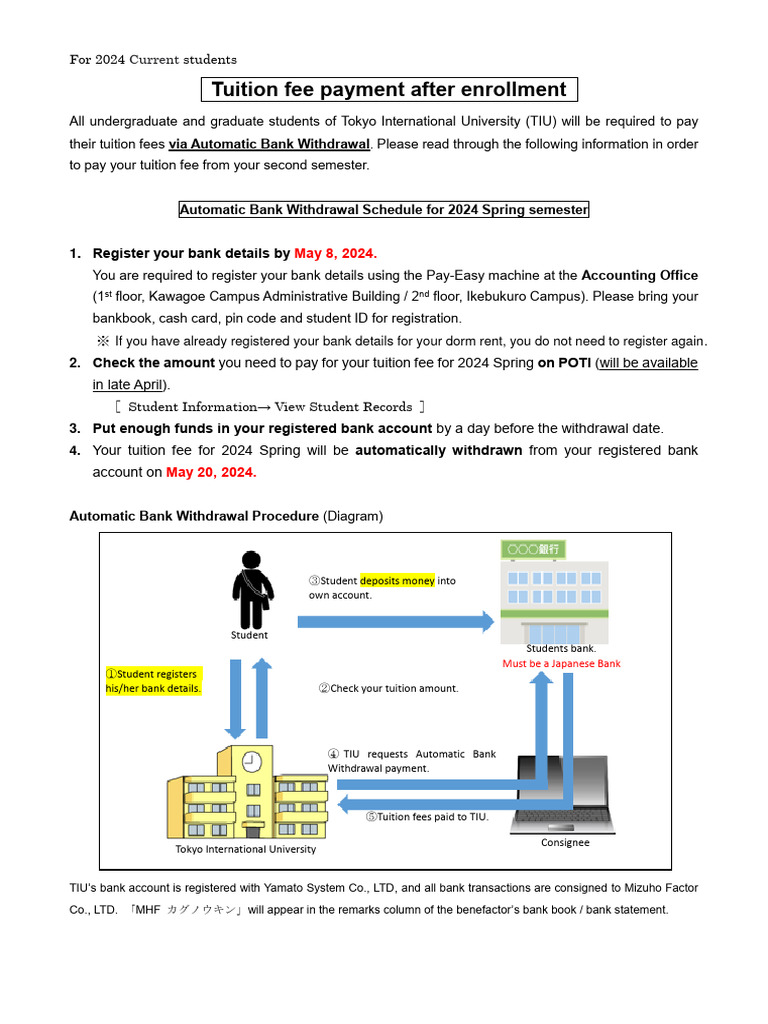 TIU 2024 Spring Tuition Payment Guide | PDF | Banks | Fee