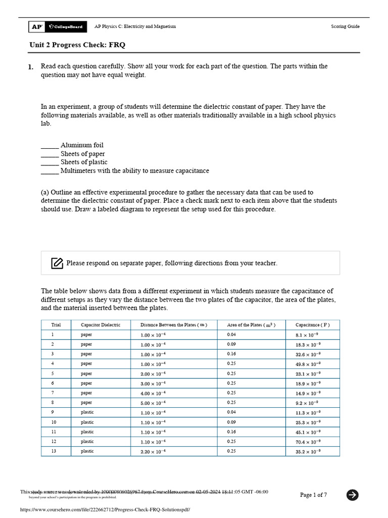 Progress Check FRQ Solutions PDF | PDF | Capacitor | Capacitance