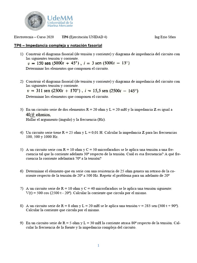 TP6 - Impedancia Compleja y Notación Fasorial | PDF | Impedancia eléctrica | Red eléctrica