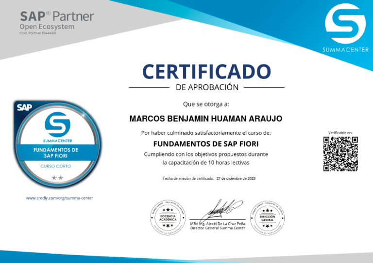 Certificado Fundamentos de SAP FIORI SUMMA CENTER | PDF Certificado Fundamentos de SAP FIORI SUMMA CENTER | PDF