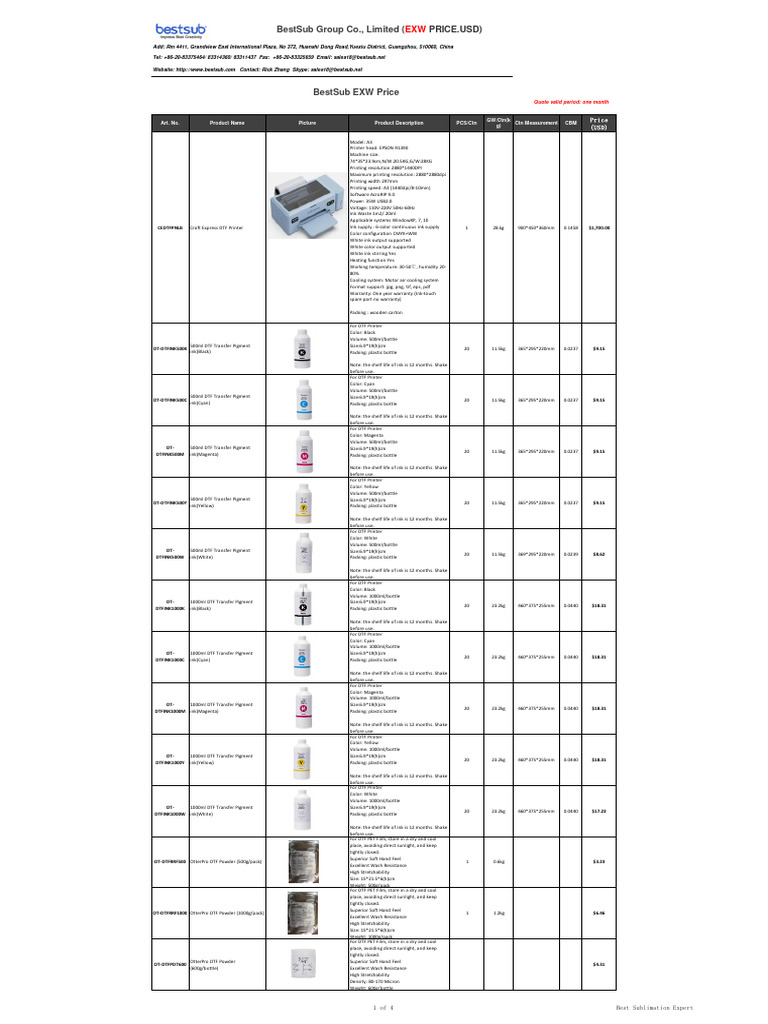BestSub DTF Price List 2024 | PDF | Magenta | Ink