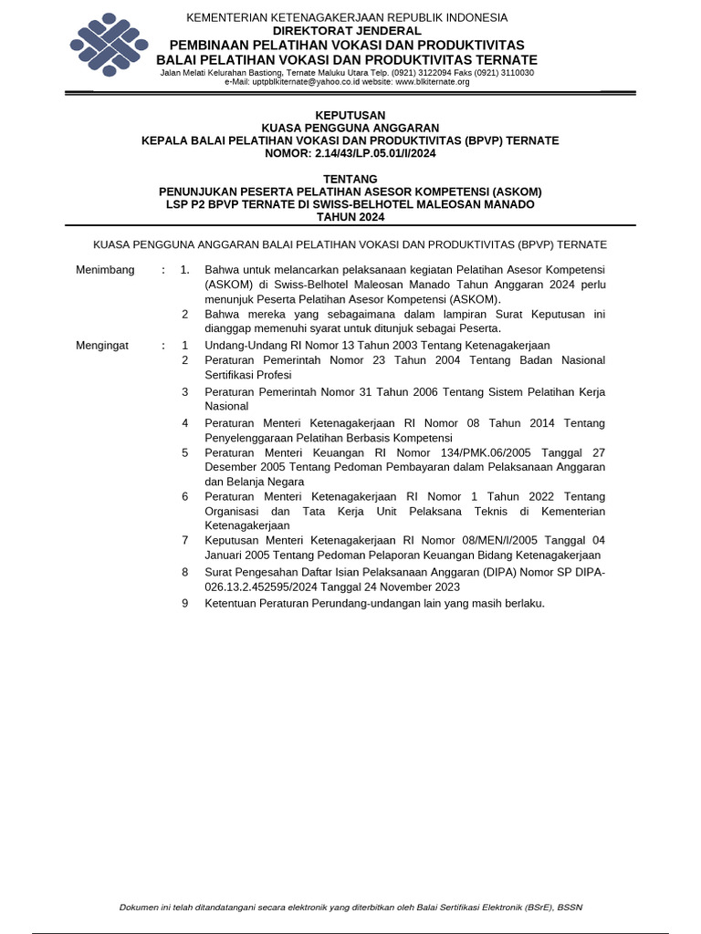 SK Peserta Asesor Kompetensi Angkatan 1 2024 | PDF