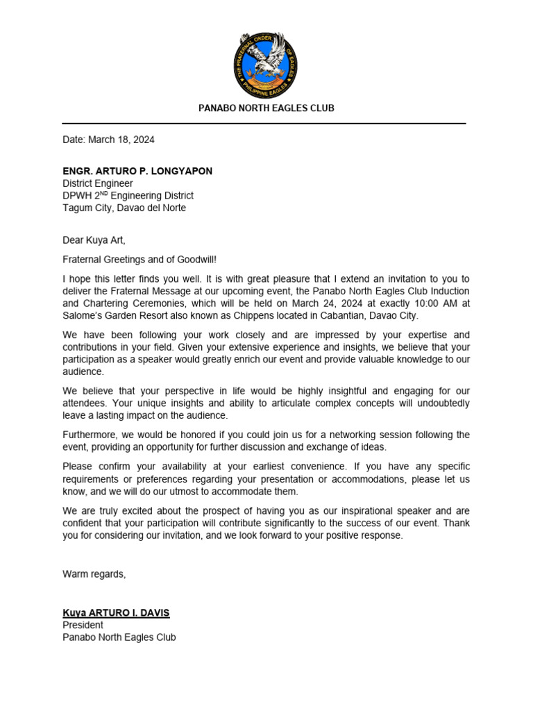 PANABO-NORTH-EAGLES-CLUB-LETTER | PDF