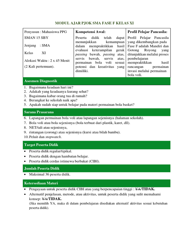 Modul Ajar Sma Fase F - Xi - Bola Voli - Assure | PDF