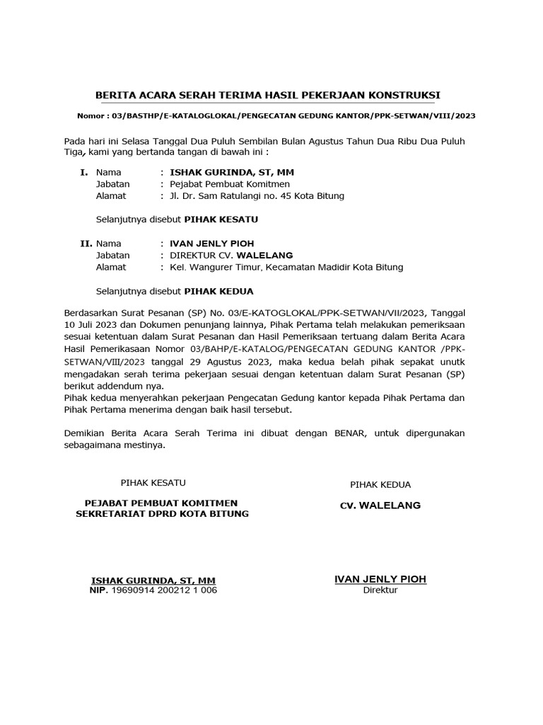 Berita Acara Serah Terima Hasil Pekerjaan Konstruksi 2023 | PDF