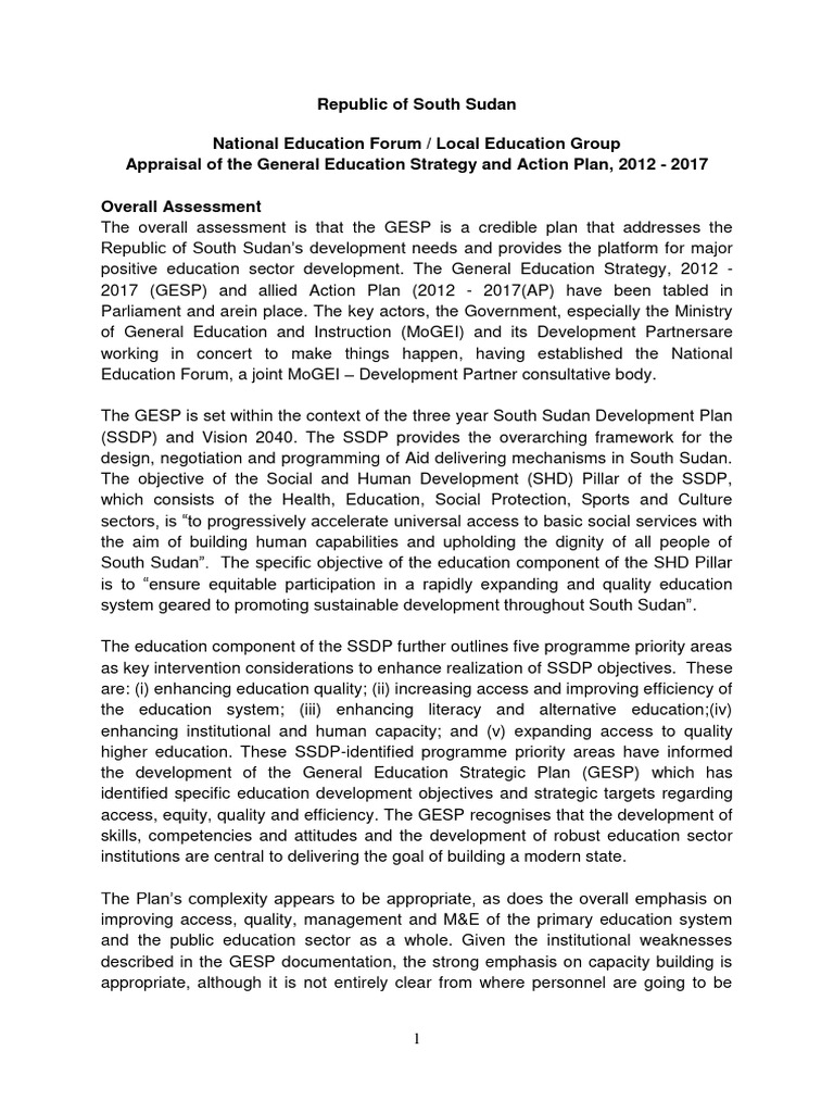 South Sudan Education Strategy Review | PDF | Teachers | Capacity Building