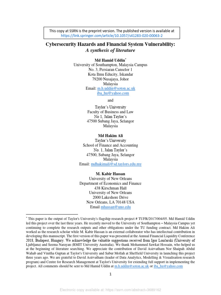 2020 Uddin - Cybersecurity Hazards and Financial System Vulnerability A ...