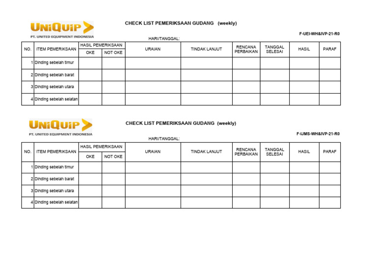F-UEI-WH&IVP-21-Checklist Pemeriksaan Gudang Weekly | PDF