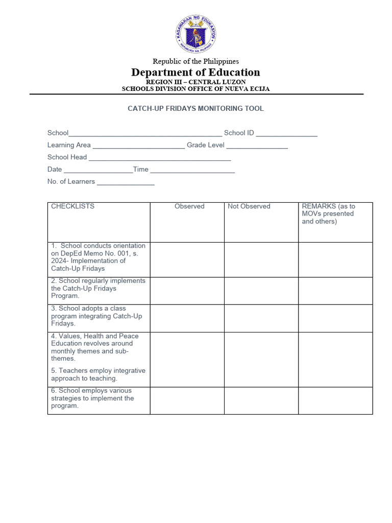 Monitoring Tool Catch Up Fridays Chie S. Bagsic | PDF
