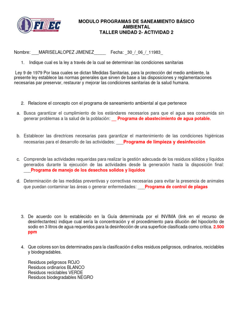 Taller Programas de Saneamiento Básico | PDF | Saneamiento | Residuos
