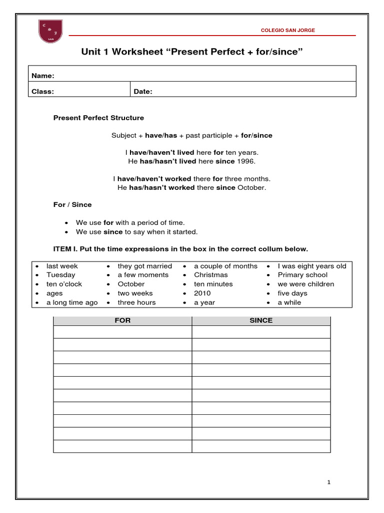 Worksheet 1 Present Perfect + For/since | Download Free PDF | Grammar ...