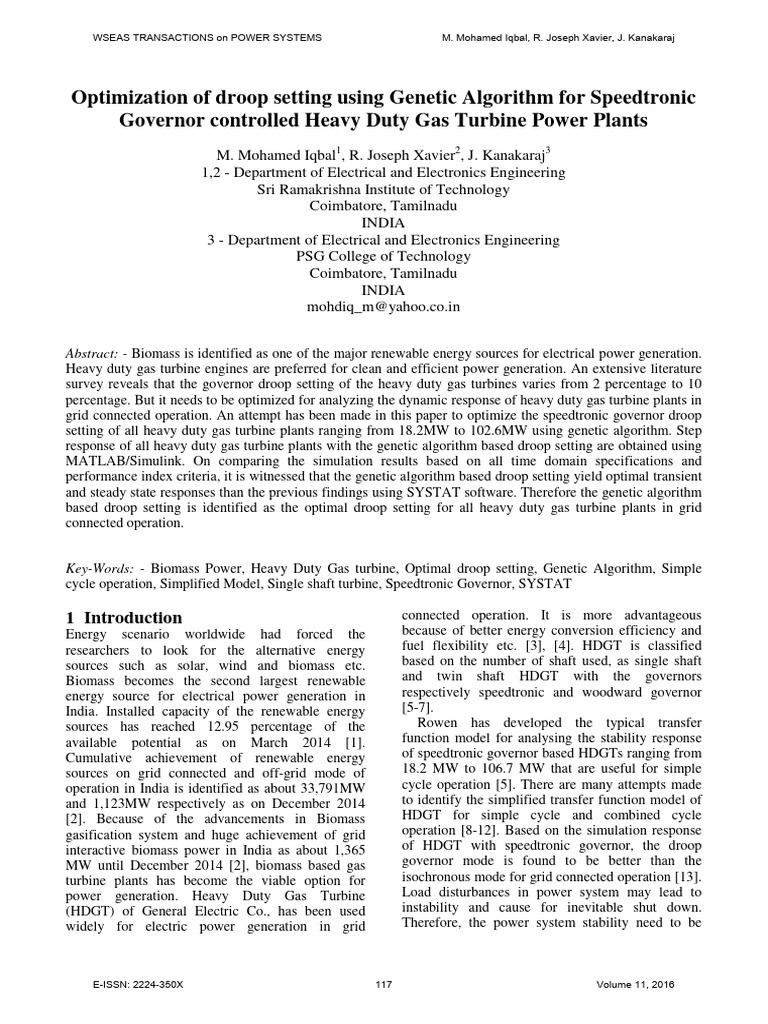 Optimization of Droop Setting Using Genetic Algorithm For Speedtronic Governor Controlled Heavy ...