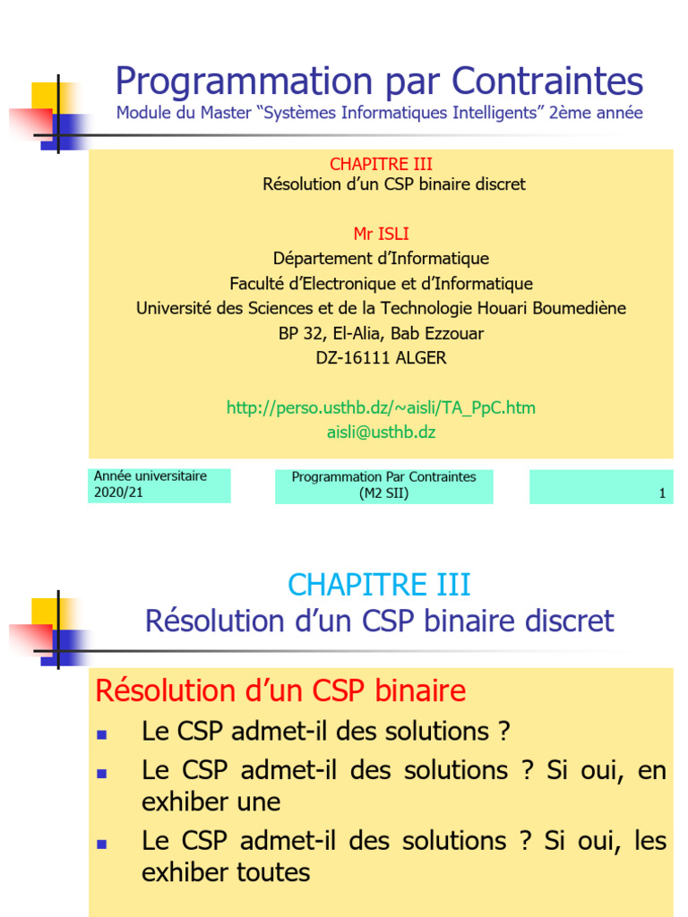 Programmation Par Contraintes: Module Du Master "Systèmes Informatiques ...