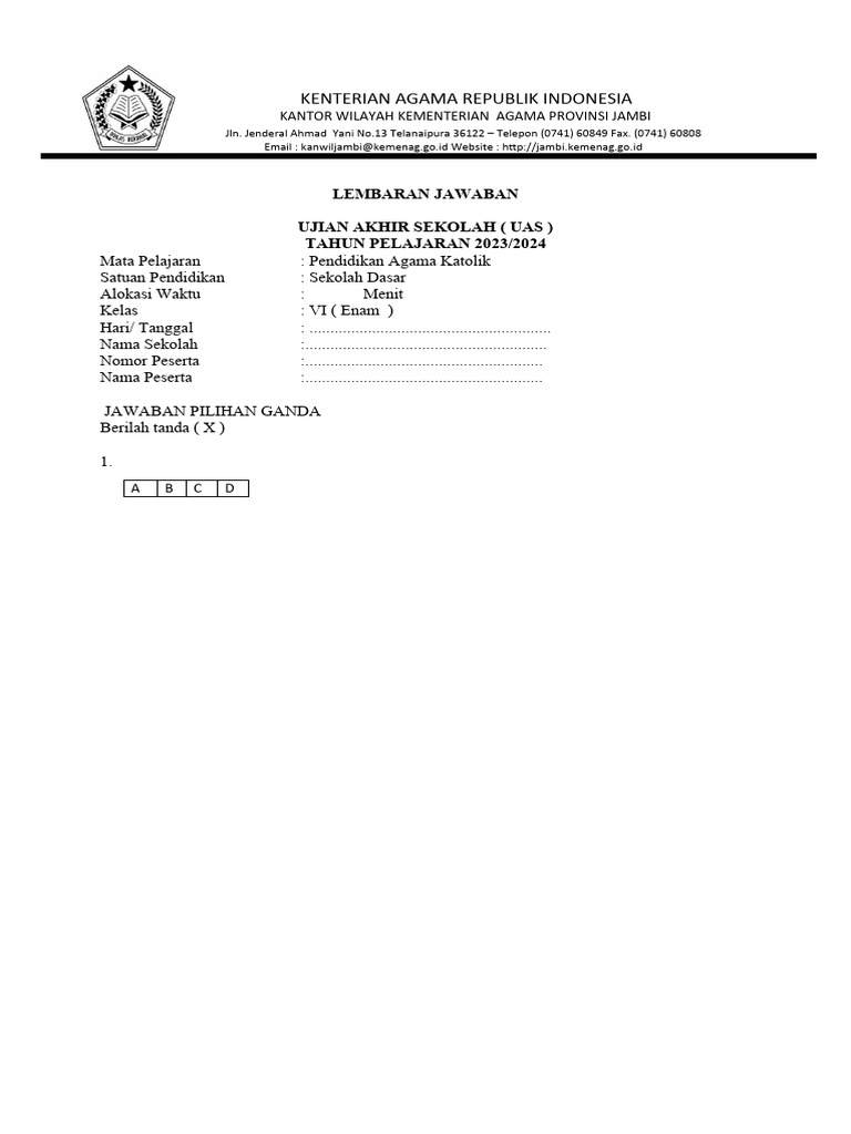 Lembar Jawaban Uas SD 2020-2021 | PDF