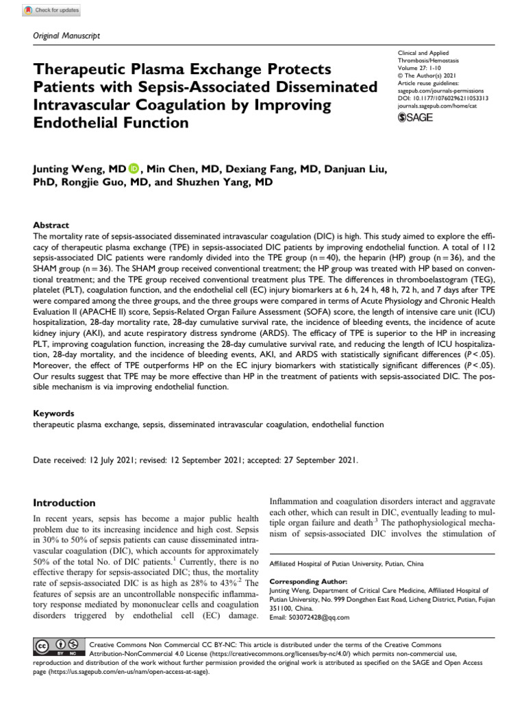 Therapeutic Plasma Exchange Protects Patients With Sepsis Associated Disseminated Intravascular ...