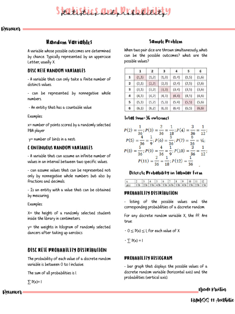 Statistics and Probability Reviewer | PDF | Probability Distribution | Random Variable