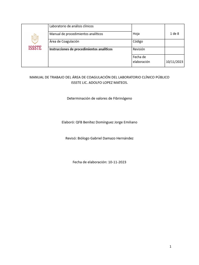 Procedimiento para Análisis de Fibrinógeno | PDF | Laboratorios