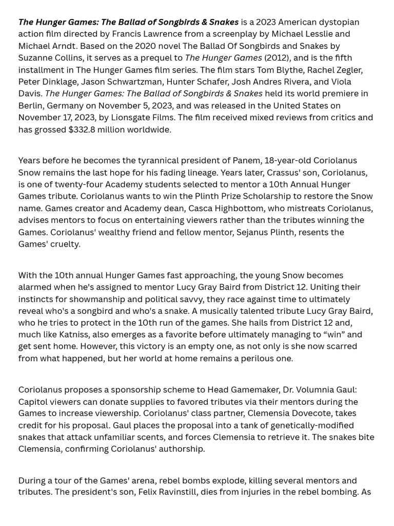 The Hunger Games: The Ballad of Songbirds & Snakes Is A 2023 American ...