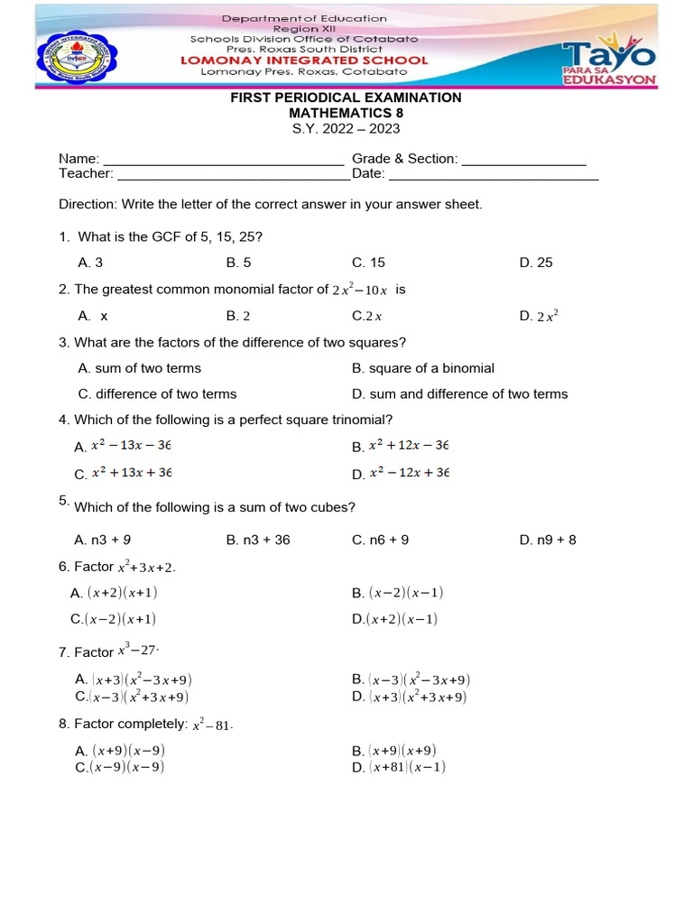 Math 8 | PDF | Factorization | System Of Linear Equations